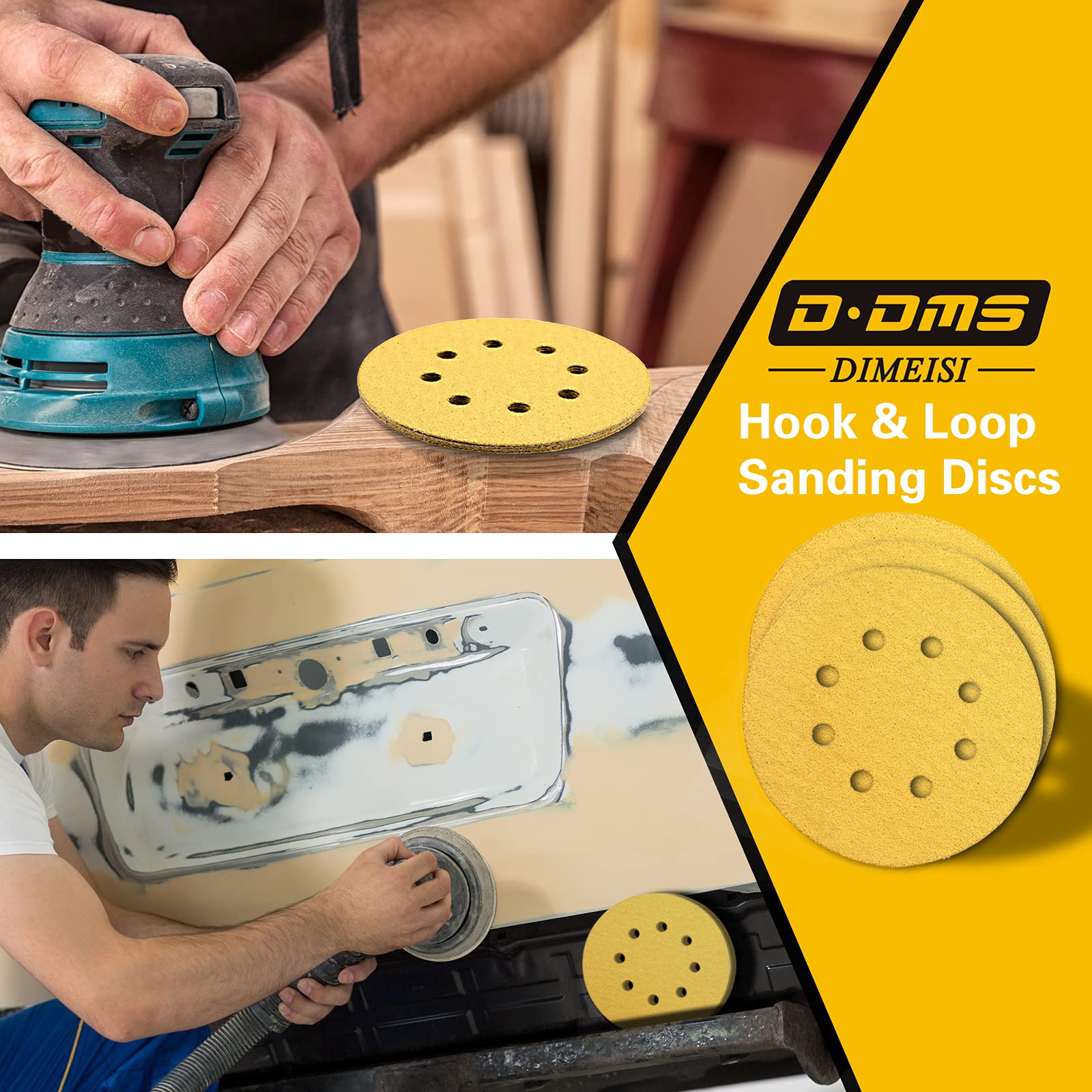5 Inch 8 Hole Hook and Loop Sanding Discs, 10 of Each Grit (60 80 120 220 320), 50PCS Gold Orbital Sander Sandpaper, Sharp Cutting and More Durable - D DMS DIMEISI 362X