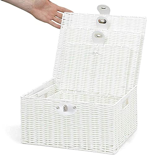 Homepeaz Set of 3 Woven Wicker Storage Basket Box with Lid & Lock, Built-in Carry Handles, Multifunctional Storage Organiser for Nursery, Baby, Clothes, Toys, Books, Large/Medium/Small Size (White)