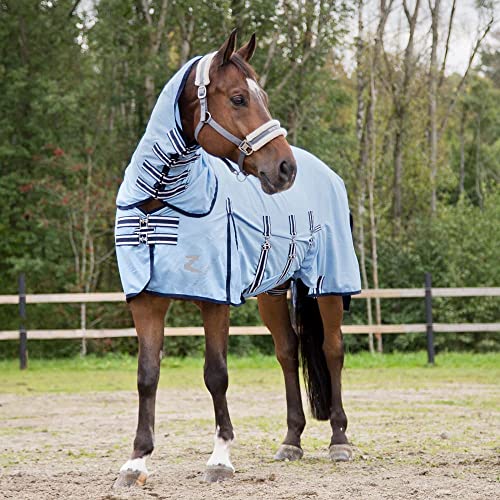 Horze Freja Durable Mesh Combo Fly Sheet with Belly Guard and Detachable Neck Cover | UPF 50+ UV Protection - Light Blue - 81 in