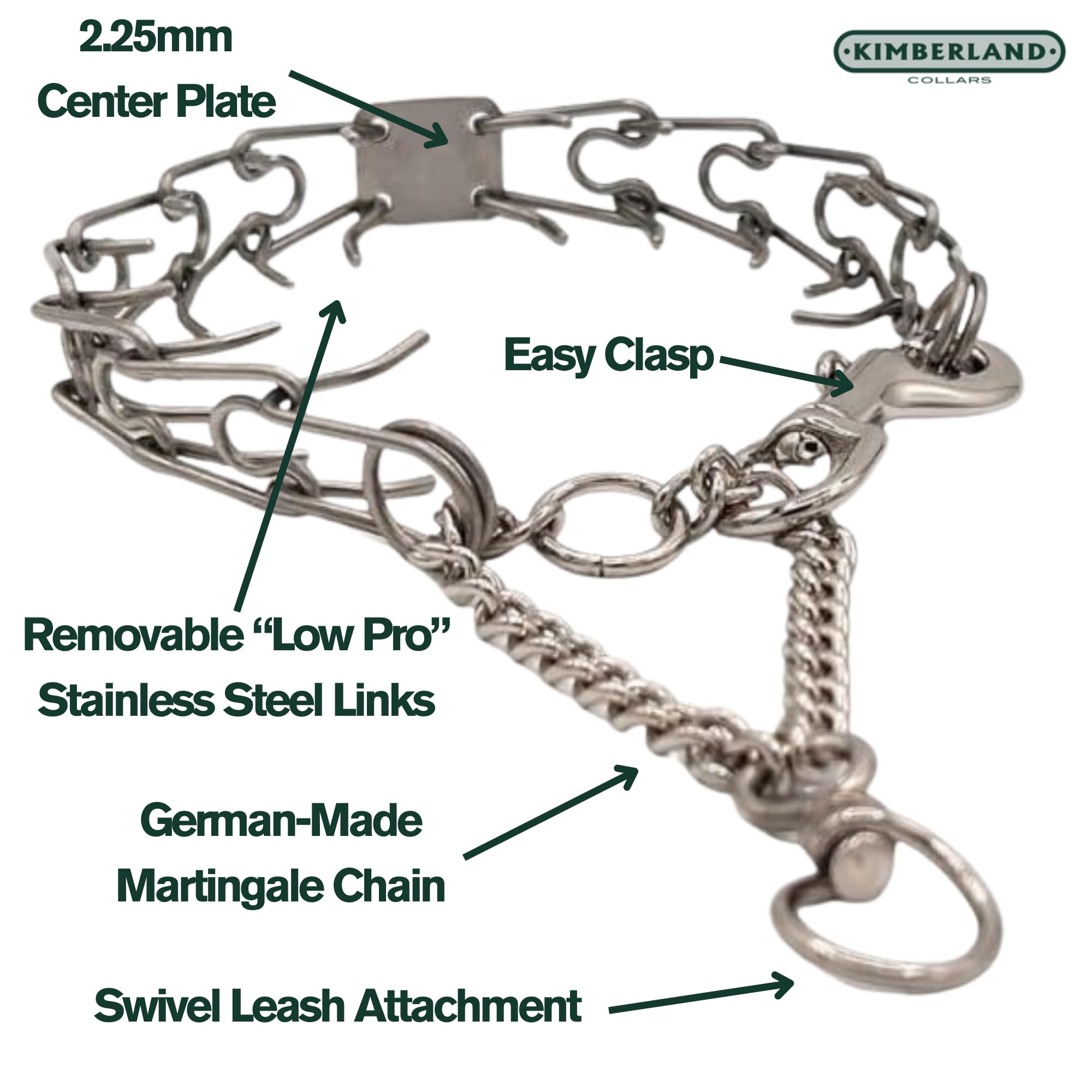 Kimberland Collars Clasp 2.25mm Stainless Steel Low Pro Dog Training Collar for Medium-Large Breeds | 16β Micro Prong Collar for Dogs 26lbs & Up | No-Pull Collar | Dog/Puppy Training & Behavior Aid