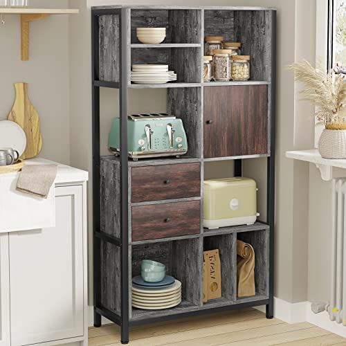 AOGLLATI 6-Tier Industrial Bookshelf, Bookcase with Cabinet and 2 Fabric Drawers, Adjustable Display Shelves with Metal Frame, Standing Storage Shelf for Living Room Bedroom Kitchen Home Office