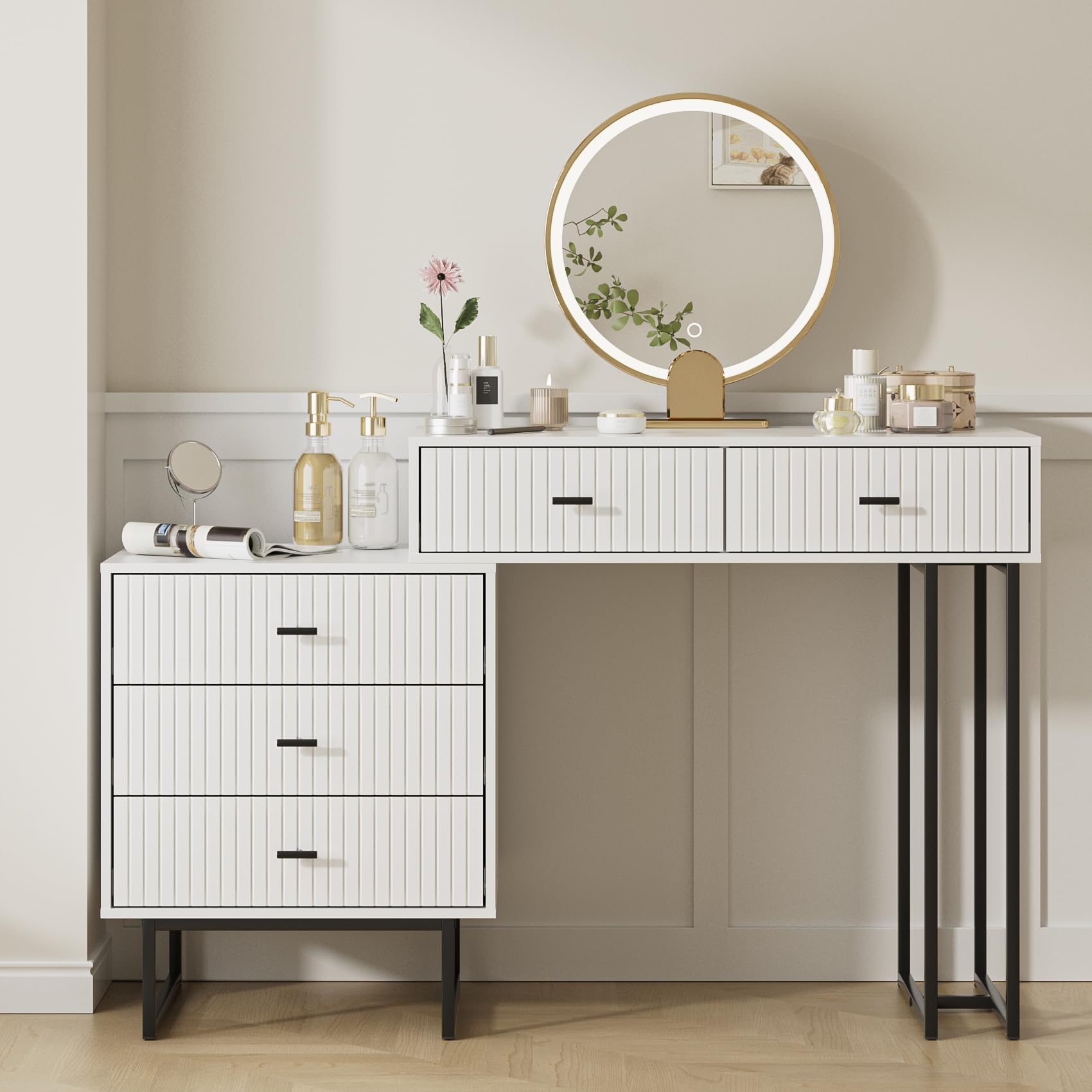 Acodaiuy Vanity Desk, Makeup Vanity Desk Black Without Mirrors or Lights Vanity Table Modern Makeup Table with Adjustable Cabinet and 5 Large Drawers, Dressing Table for Bedroom,Makeup Room, White