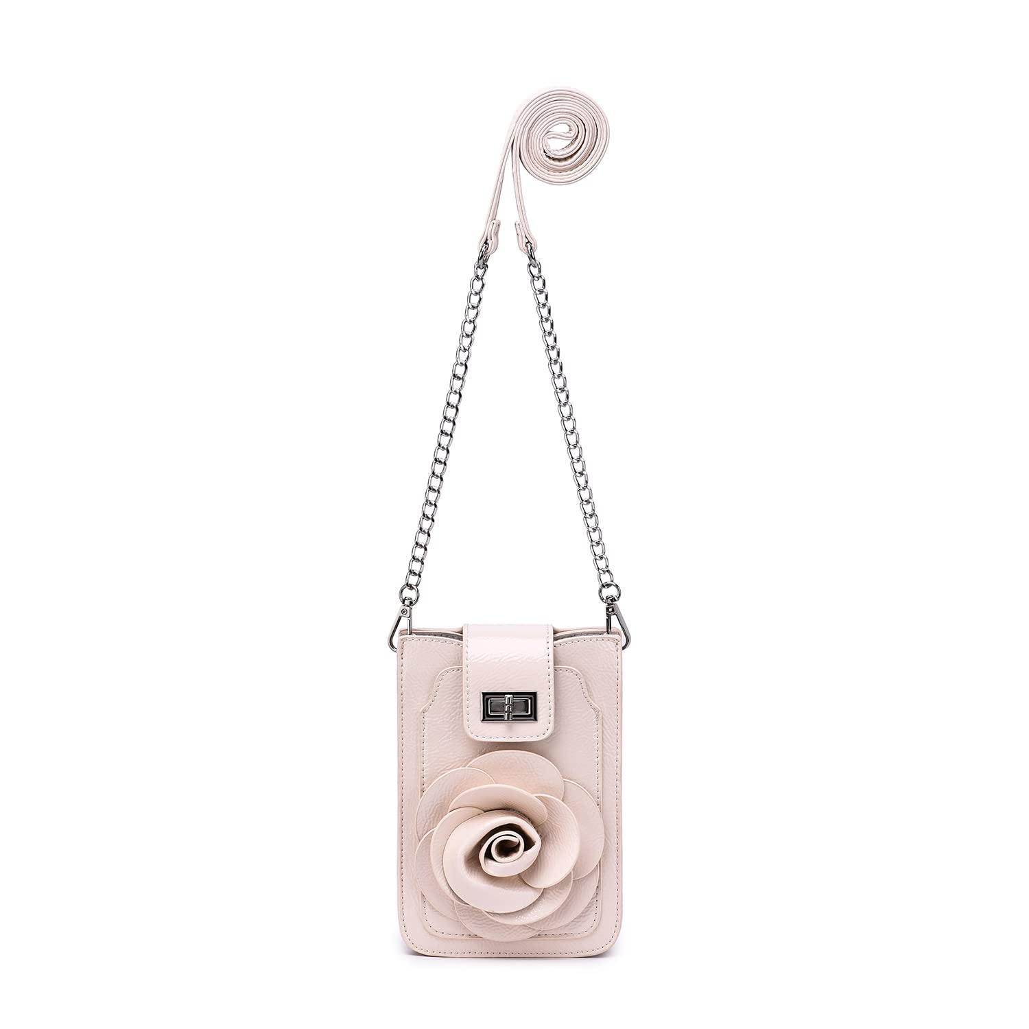 Mellow World Rosa 3D Floral Cell Phone Small Cross Body Shoulder Bag Vegan Leather Women Purse Touch Screen Removable Strap, Cream
