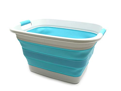 SAMMART 37L (9.77 Gallon) Collapsible Plastic Laundry Basket - Foldable Pop-Up Storage Container/Organizer - Portable Washing Tub - Space Saving Hamper/Basket (1, Grey/Bright Blue)