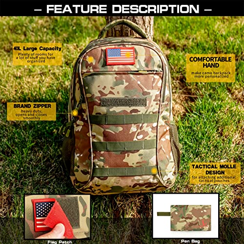 Camo Backpack for Men,Army Military Boys Backpack for School with Pen Bag,40l Waterproof Day Pack for Outdoor Travel Camping
