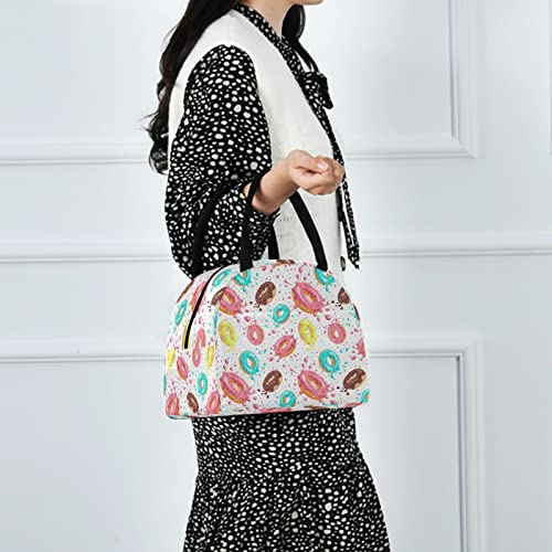 ZzWwR Cute Colorful Splashed Donuts Reusable Lunch Tote Bag with Front Pocket Zipper Closure Insulated Cooler Container Bag for Man Women Work Picnic Travel Beach Fishing