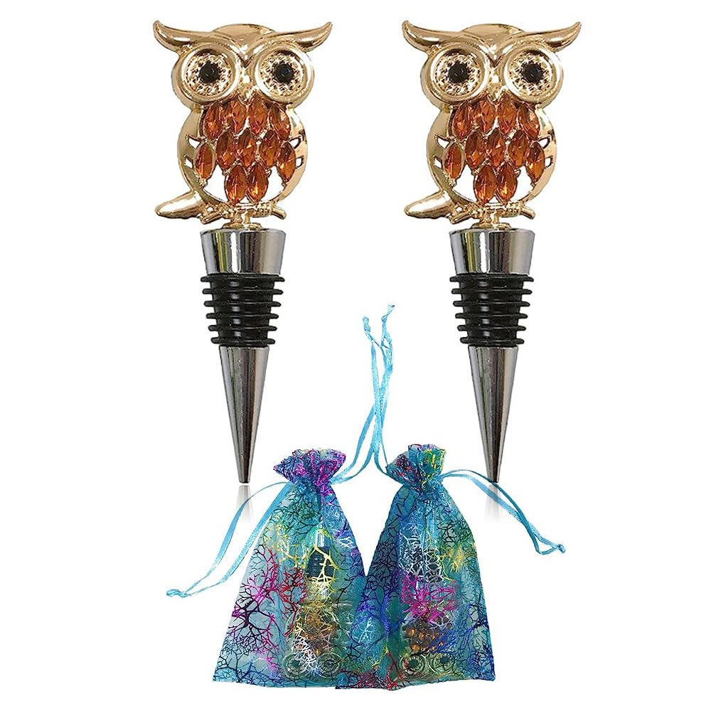 Adonisaon Owl Wine Stoppers Cute Wine Stopper Decorations Metal Zinc Alloy Wine Bottle Stopper Reusable Wine and Beverage Stoppers (2 Beautiful Packs with Golden Wine Stoppers)