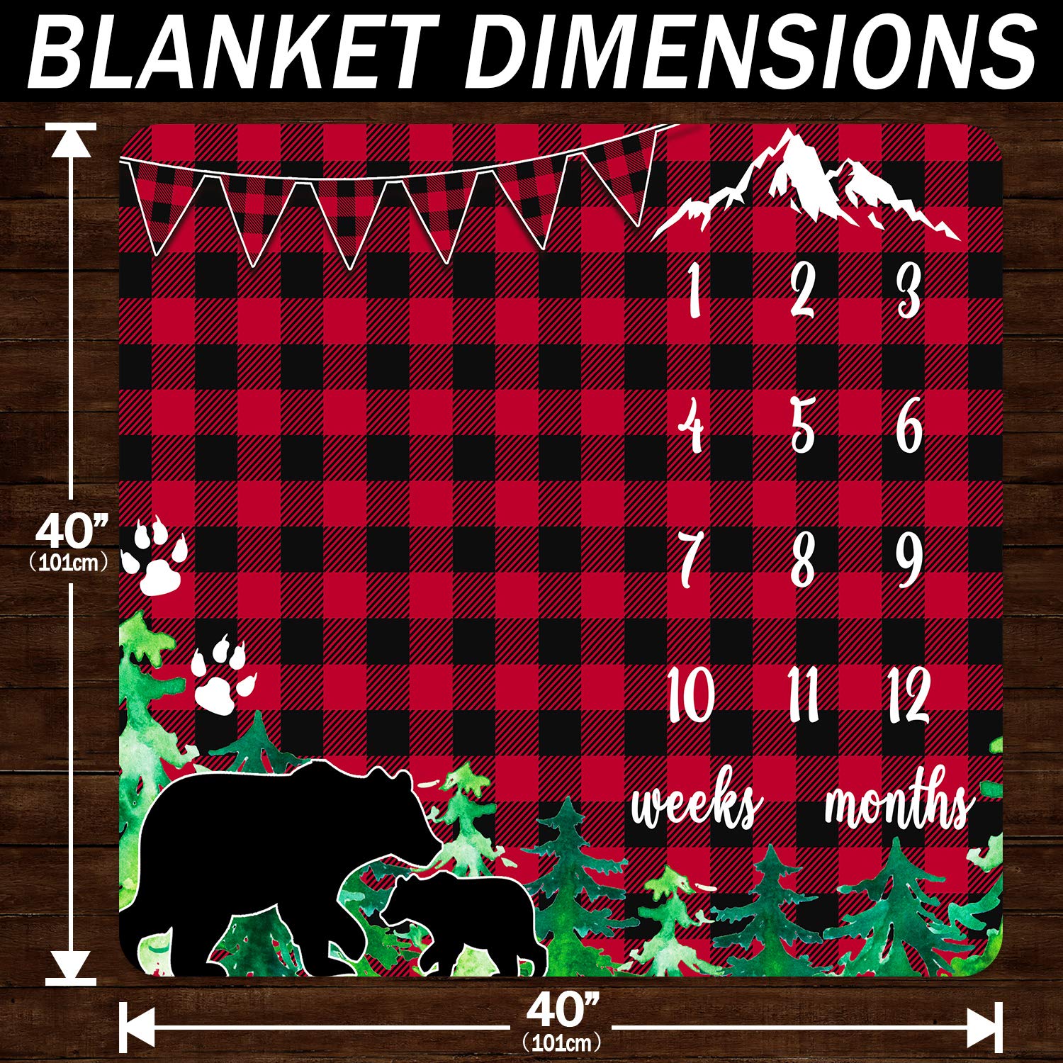 PHMOJEN Red Buffalo Plaid Milestone Blanket for Baby Boy, Rustic Hunter Theme Woodland Bear Age Blanket for Nursery, Lumberjack Baby Shower Backdrop, 1-12 Months, Includes Marks 40"x40" BTLSPH254