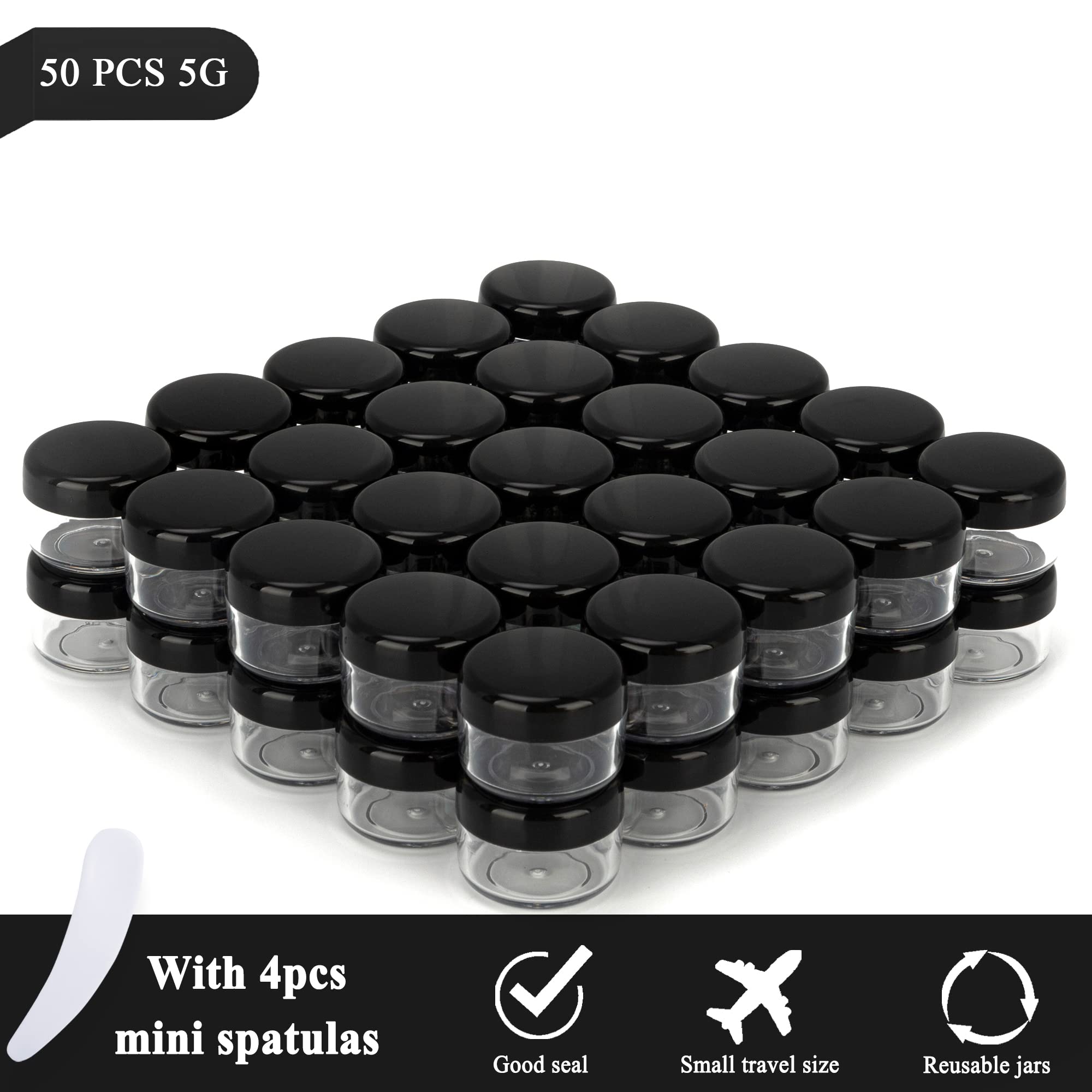 50PCS 5 Gram Sample Containers, 5ml Empty Jars with Lids, Small Cosmetic Containers, Mini Sample Jars with 4PCS Mini Spatulas for Make Up, Oils, Lotion, Powder, Paint, Jewelry, Lip Balms(Black Lid)