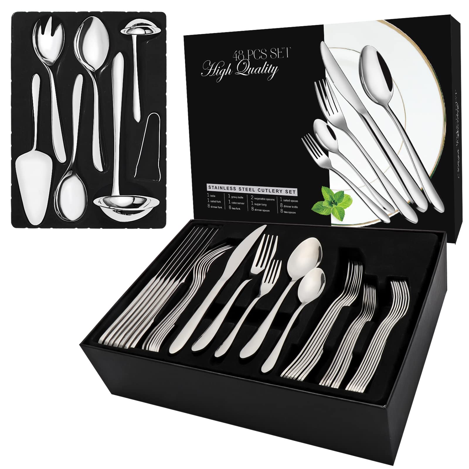 48-Piece Silverware Set with Serving Utensils, Service for 8, Stainless Steel Flatware Cutlery Set for Home Kitchen Restaurant Hotel, Mirror Polished, Dishwasher Safe, House Warming Gifts