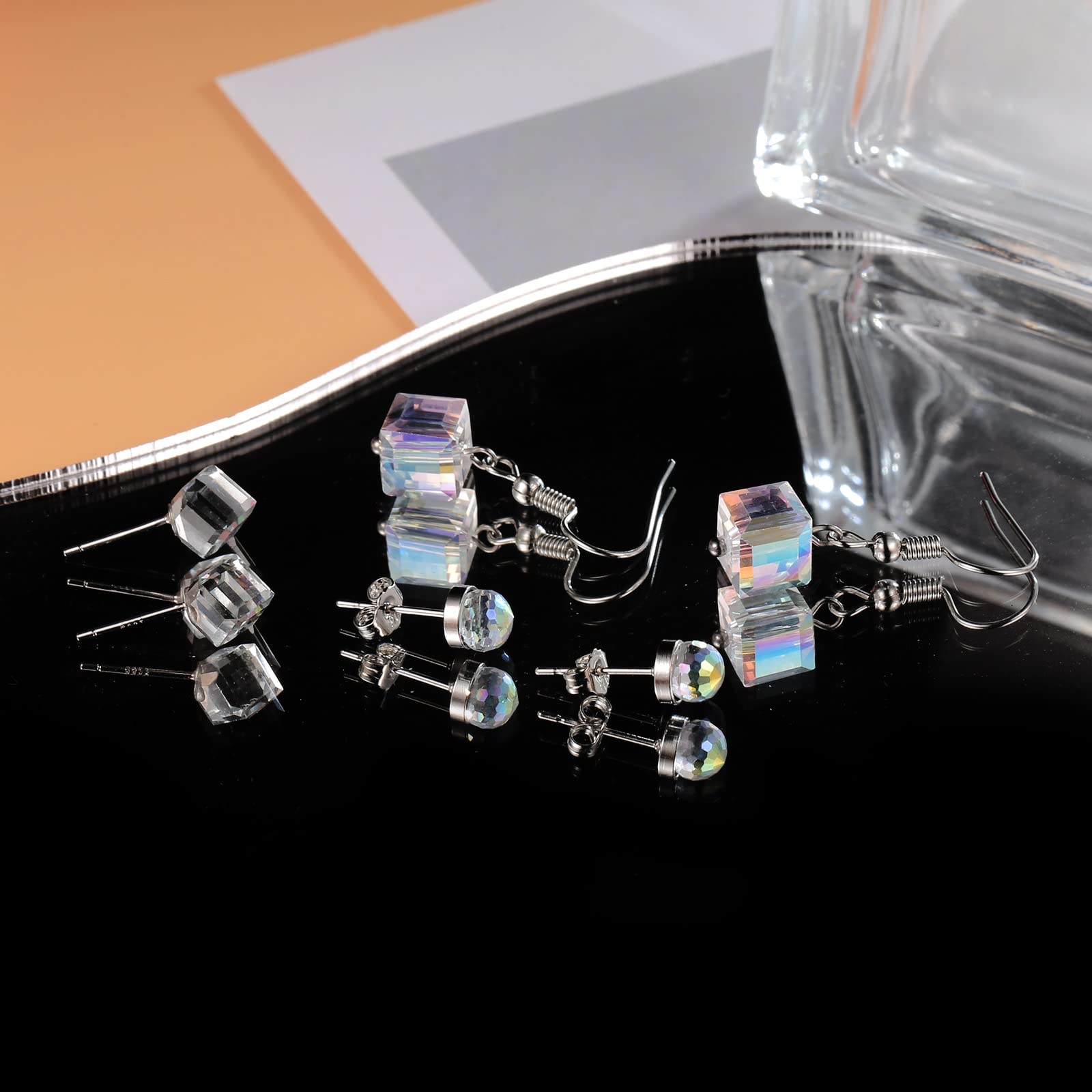 3Pairs Austrian Crystal Earrings for Women - ZEVER 925 Sterling Sliver Cube Ball Stud/Dangle Earrings Hypoallergenic Earring Set for Girls Valentine’s Gift