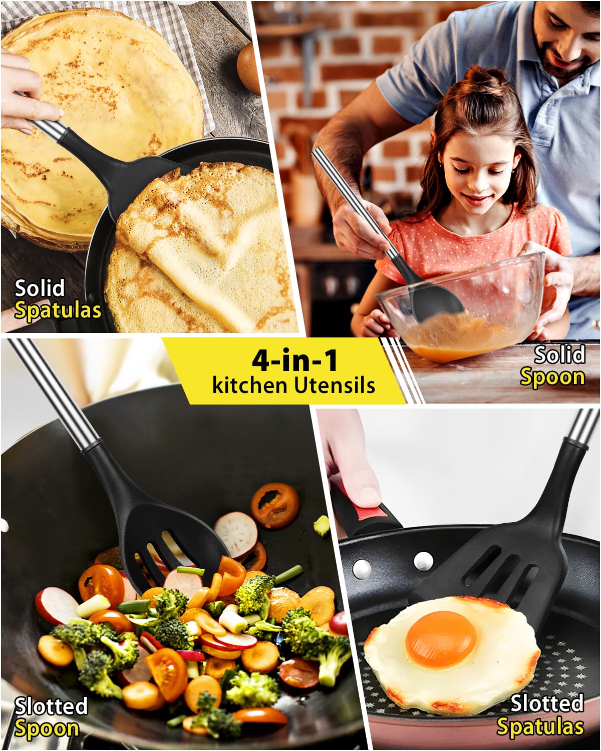 4 Pcs Silicone Kitchen Utensils Set, Wok Spatulas-Slotted Turner-Cooking Spoon-Slotted Spoon, Non-Stick BPA Free Heat-Resistant Basting Stainless Steel Handle Kitchenware for Cooking, Mixing, Serving