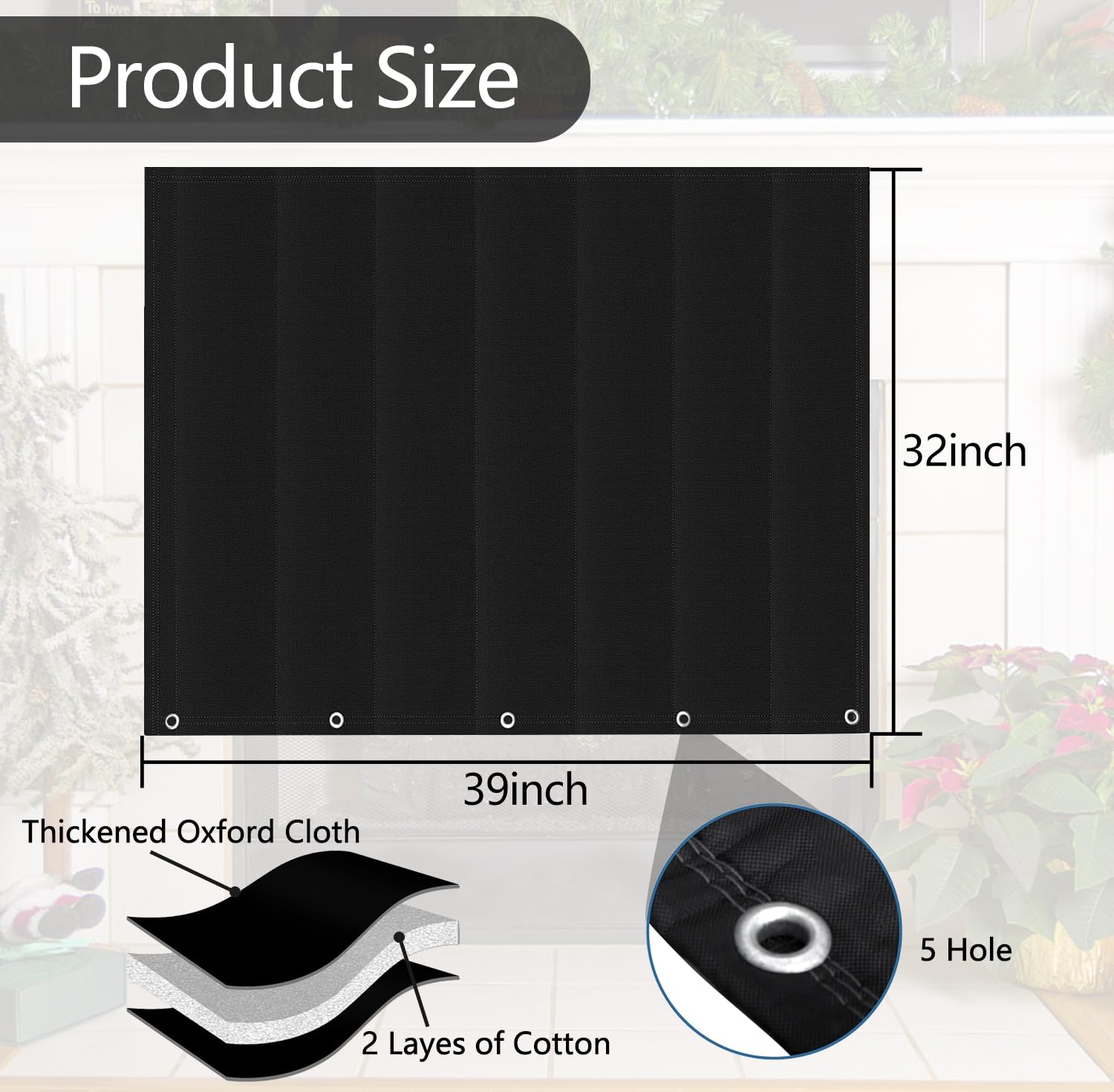 39 x 32 Inch Fireplace Blocker Blanket- Self-Adhesive Fireplace Draft Stoppers for Save Energy- Fireplace Cover with Hook and Loop Tapes Stops Overnight Heat Loss