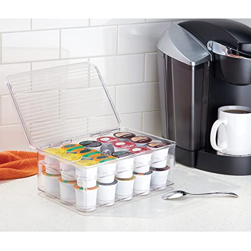 iDesign 2-Tier Coffee Pod Holder Lidded Bin, Plastic Pantry and Kitchen Storage, The Linus Collection β 7.25" x 10.75" x 4.25", Clear