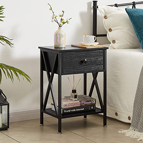 VECELO Modern Versatile Nightstands X-Design Side End Table Night Stand Storage Shelf with Bin Drawer for Living Room Bedroom, Set of 2 (Black)