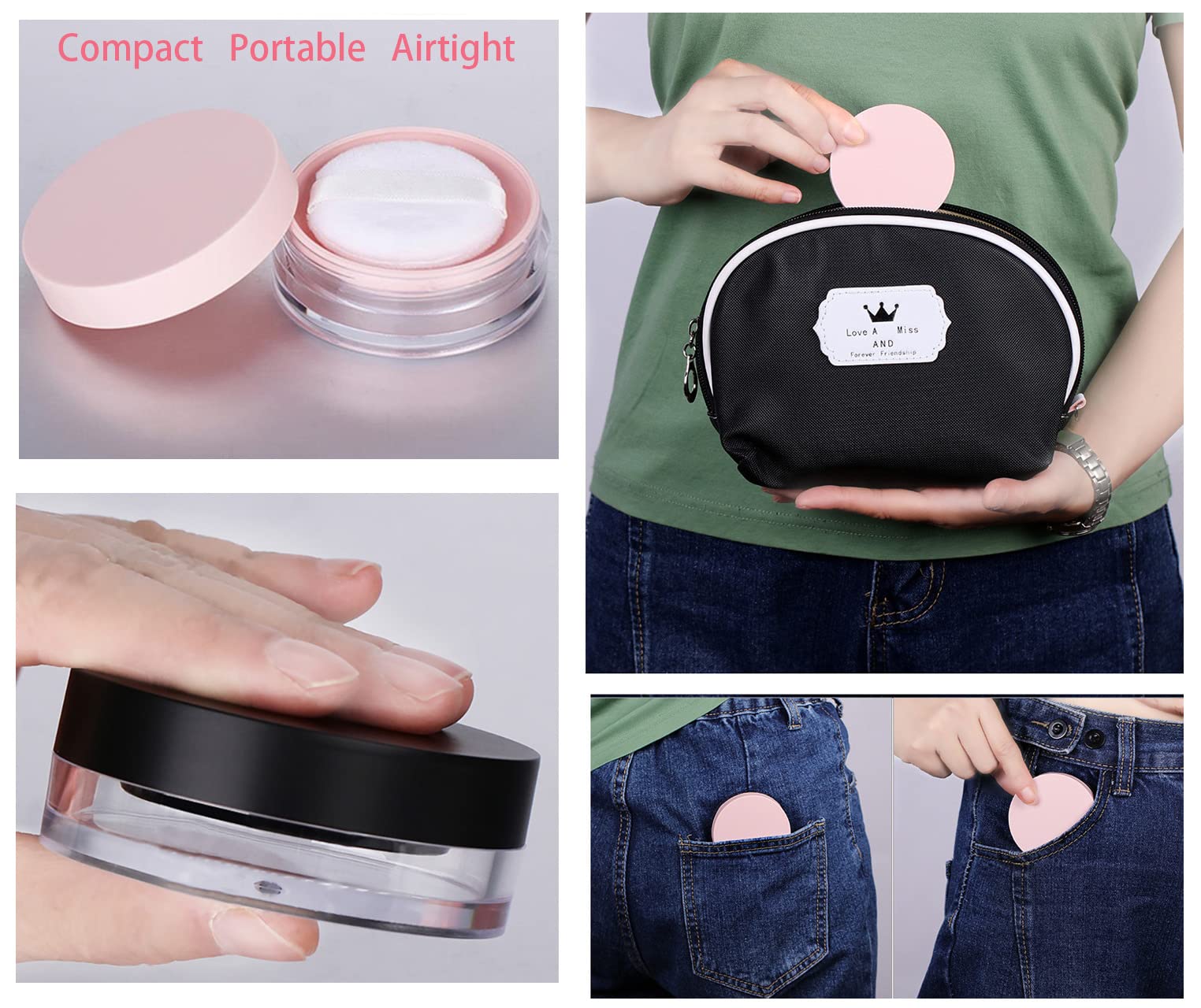 GIYOMI 2PCS Portable Loose Powder Container Makeup Case Travel Kit 10ml Compact Container DIY Makeup Powder Case with Sponge Powder Puff,Elasticated Net Sifter and Threaded Screw Lid(Black+Pink)
