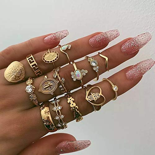 50Pcs Boho Knuckle Rings Set Turquoise Gemstone and Crystal Vintage Stackable Finger Rings Midi Ring for Women Hollow Carved Flowers Gold&Silver Ring Crystal Joint Rings