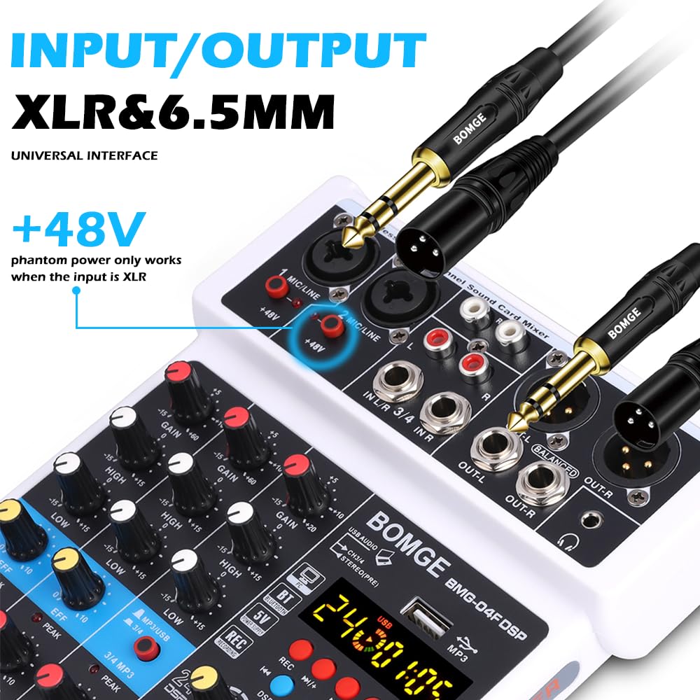 BOMGE 4 Channel mini DJ Audio Sound Mixer Interface with MP3、 USB, Bluetooth, Stereo Recording, 48V Phantom Power, 24 DSP for karaoke, performance, church singing 、 podcas streaming