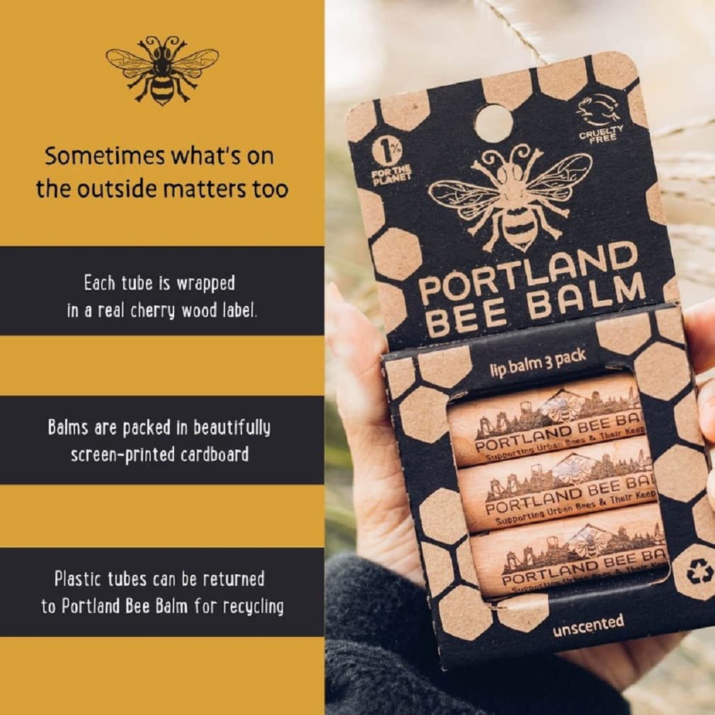 Portland Bee Balm All Natural Handmade Beeswax Based Lip Balm, Unscented 3 Count