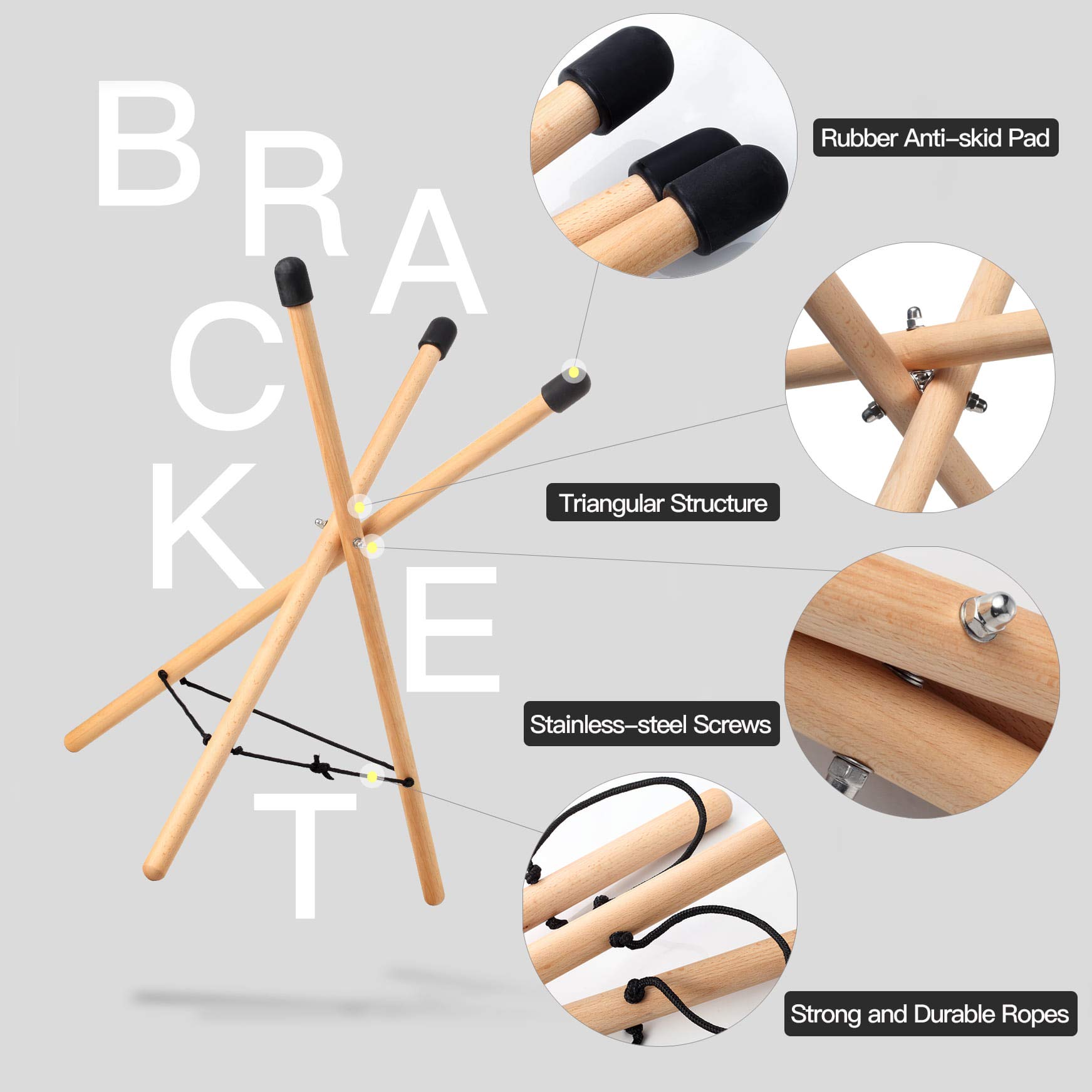 BeatRise Steel Tongue Drum Bracket, Steel Drum Handpan Stand, Solid Beech Wood Tripod Structure Tank Drum Holder, Ideal for 12 to 22 Inch Percussion Instrument (Medium)