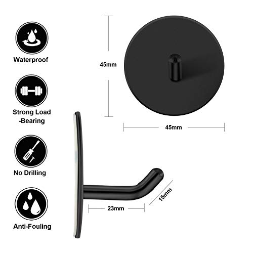 SouLips Adhesive Hooks, Self Adhesive Black Wall Mount Hanger for Key Robe Coat Towel, Super Strong Heavy Duty Stainless Steel Hooks, No Drill No Screw, Waterproof, for Kitchen Bathroom Toilet, 4 Pack