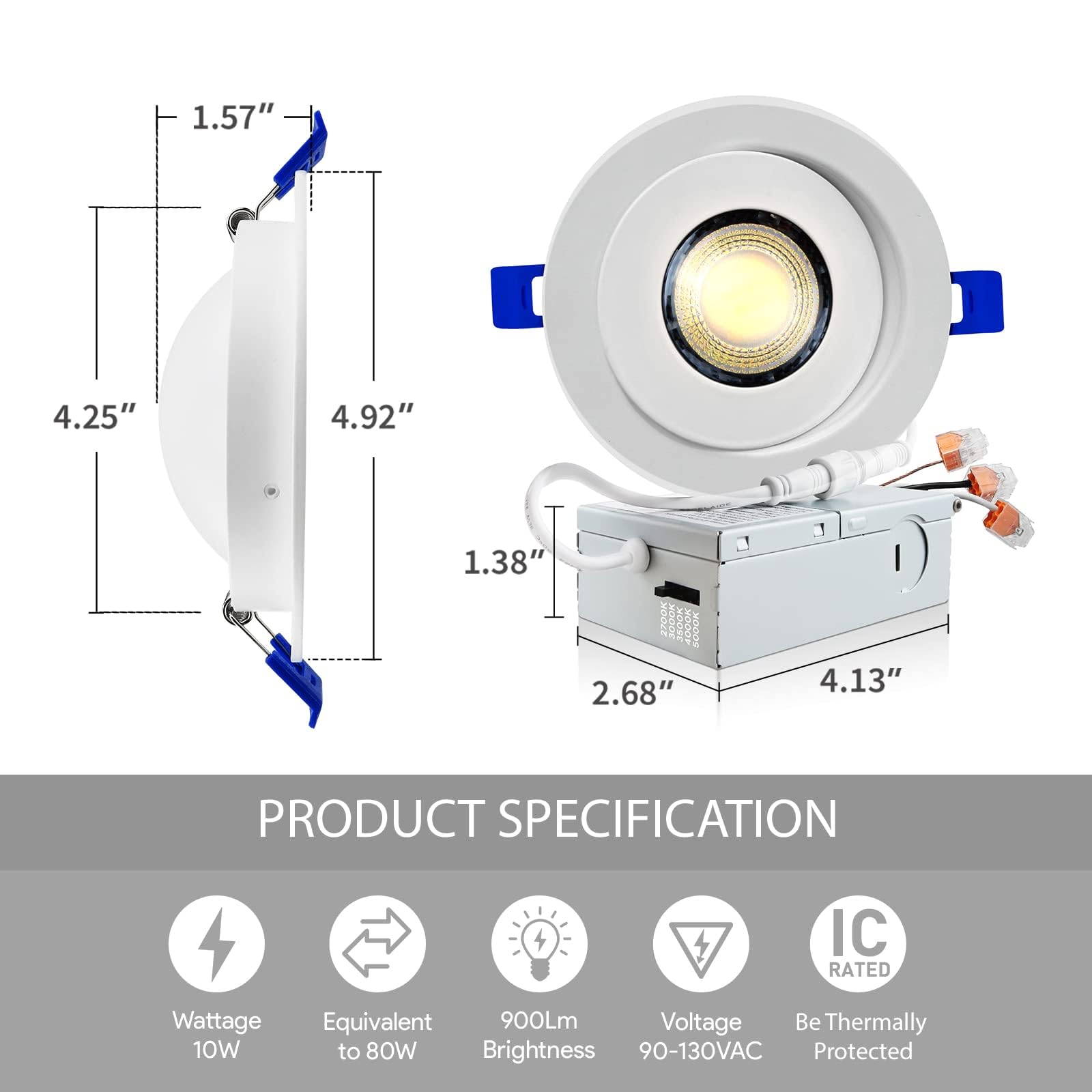 Adetu 4 Inch Gimbal Led Recessed Lights, 360°+90° Adjustable Directional Recessed Lighting, 2700K/3000K/3500K/4000K/5000K Dimmable Retrofit Eyeball Can Lights with Jbox, ETL(White, 6 Pack)