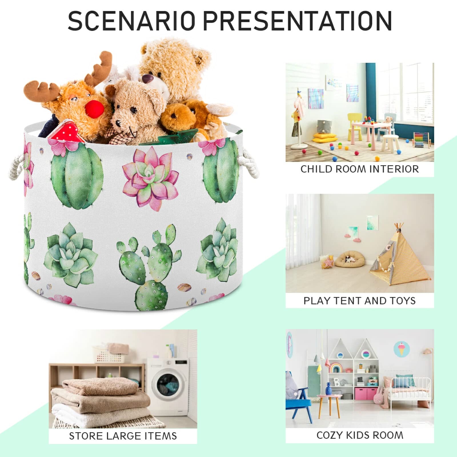 ALAZA Cacti Cactus Succulent Plants Storage Basket Gift Baskets Large Collapsible Laundry Hamper with Handle, 20x20x14 in, Multi, B06D20005