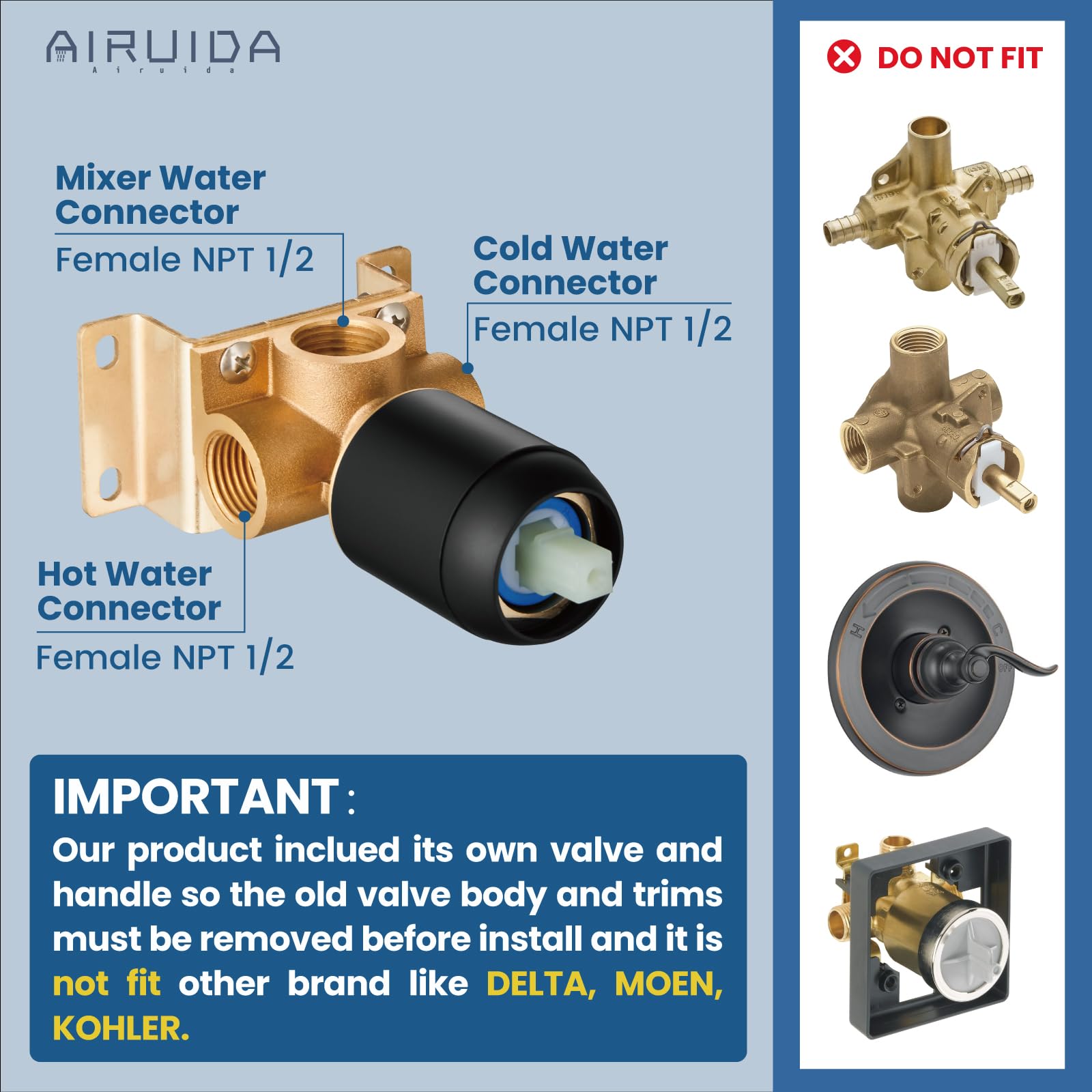 Airuida Matte Black Shower Valve Round Single-Function Shower Handle Valve Trim Kit Shower Valves Wall Mount Shower Rough-In Valve Bathroom Trim Kit Single Handle Shower Valve Mixer Female Thread
