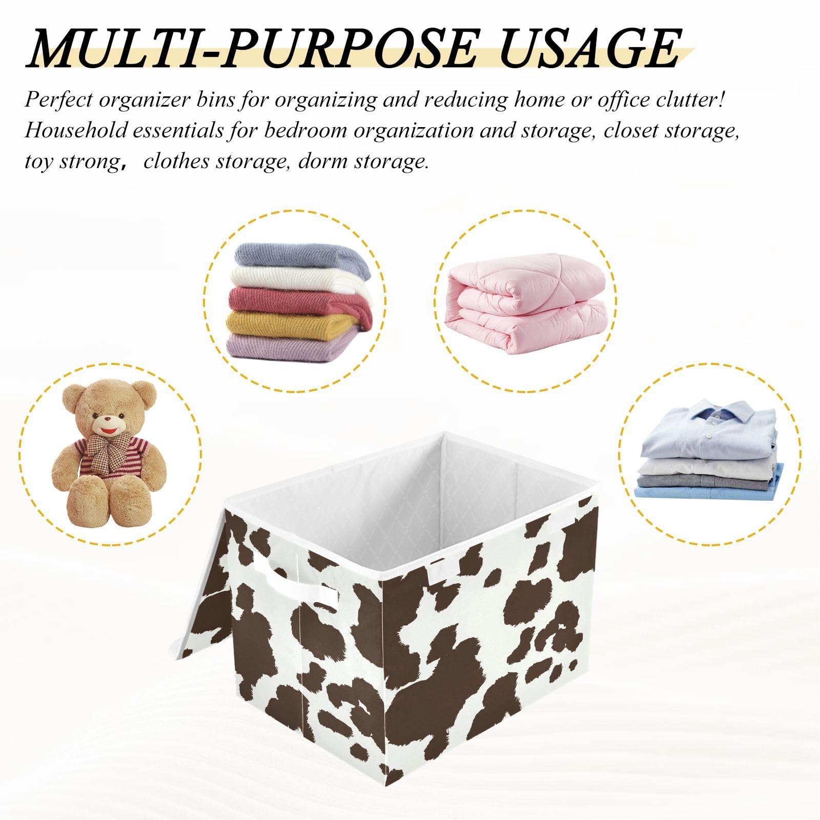 ALAZA Collapsible Large Storage Bin with Lid, Brown Cow Print Foldable Storage Cube Box Organizer Basket with Handles, Clothes Blanket Box for Shelves, Closet, Nursery, Playroom