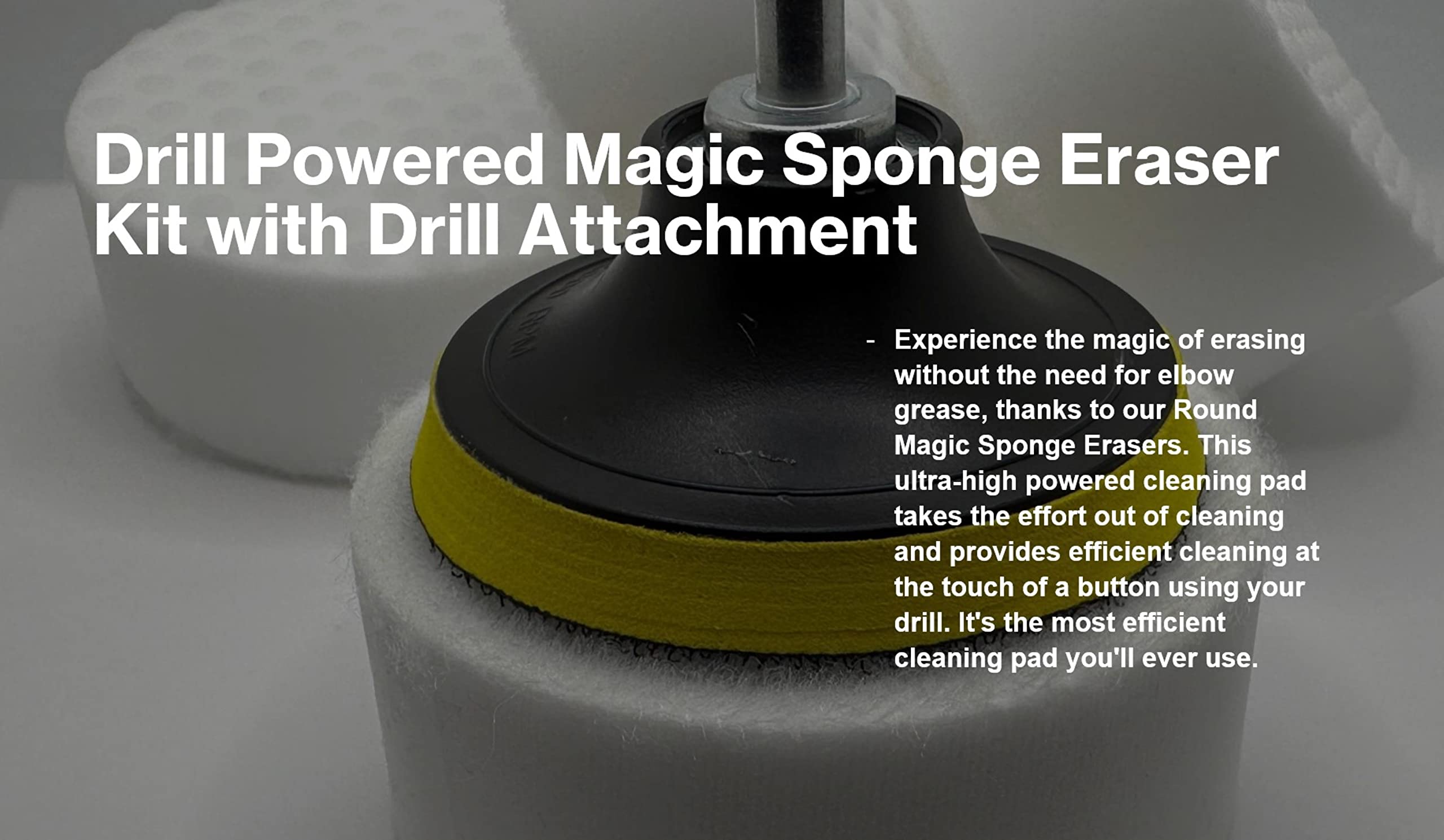 4.5” Drill Powered Magic Sponge Eraser 6 Pieces Kit with Drill Attachment | 25% Thicker Ultra Durable Melamine Cleaning Eraser Pads for Bathroom Kitchen Floors Walls Baseboards Crayon Marker and More