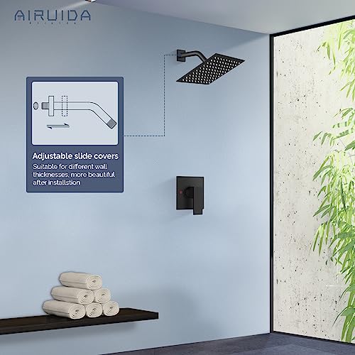 Airuida Shower Faucet Set Bathroom Rain Shower System SUS304 Stainless Steel Single Handle With Male Threads Rough-in Valve Shower Trim Kit 8 Inch Wall Mount Shower Head Matte Black