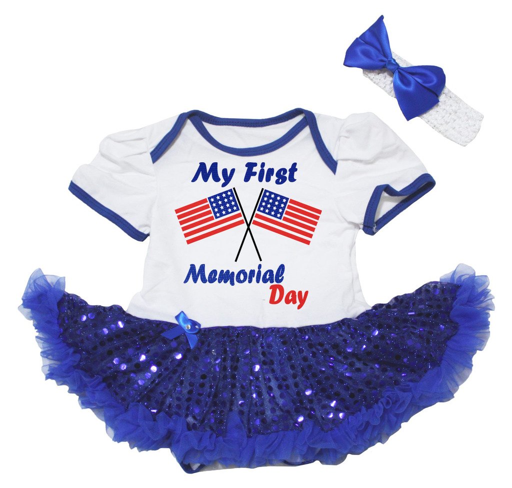 Petitebella USA Flags My First Memorial Day Baby Dress Nb-18m (White/Blue Sequins, 0-3 Months)