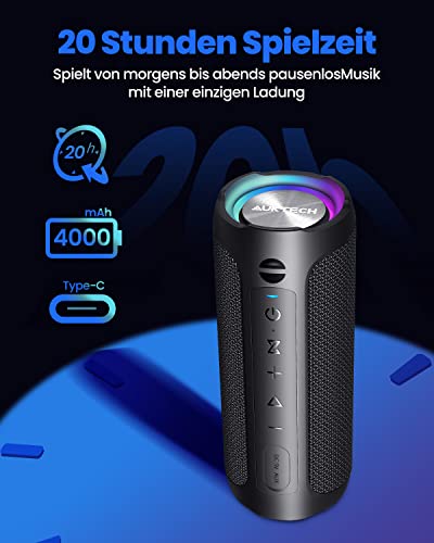 AUKTECH Bluetooth Speakers - Portable Speakers Bluetooth Wireless(100ft), 24W Loud Stereo Sound, Led Lights, 20H Playtime, IPX7 Waterproof Speaker for Outdoor, Home, Party, Beach, Shower