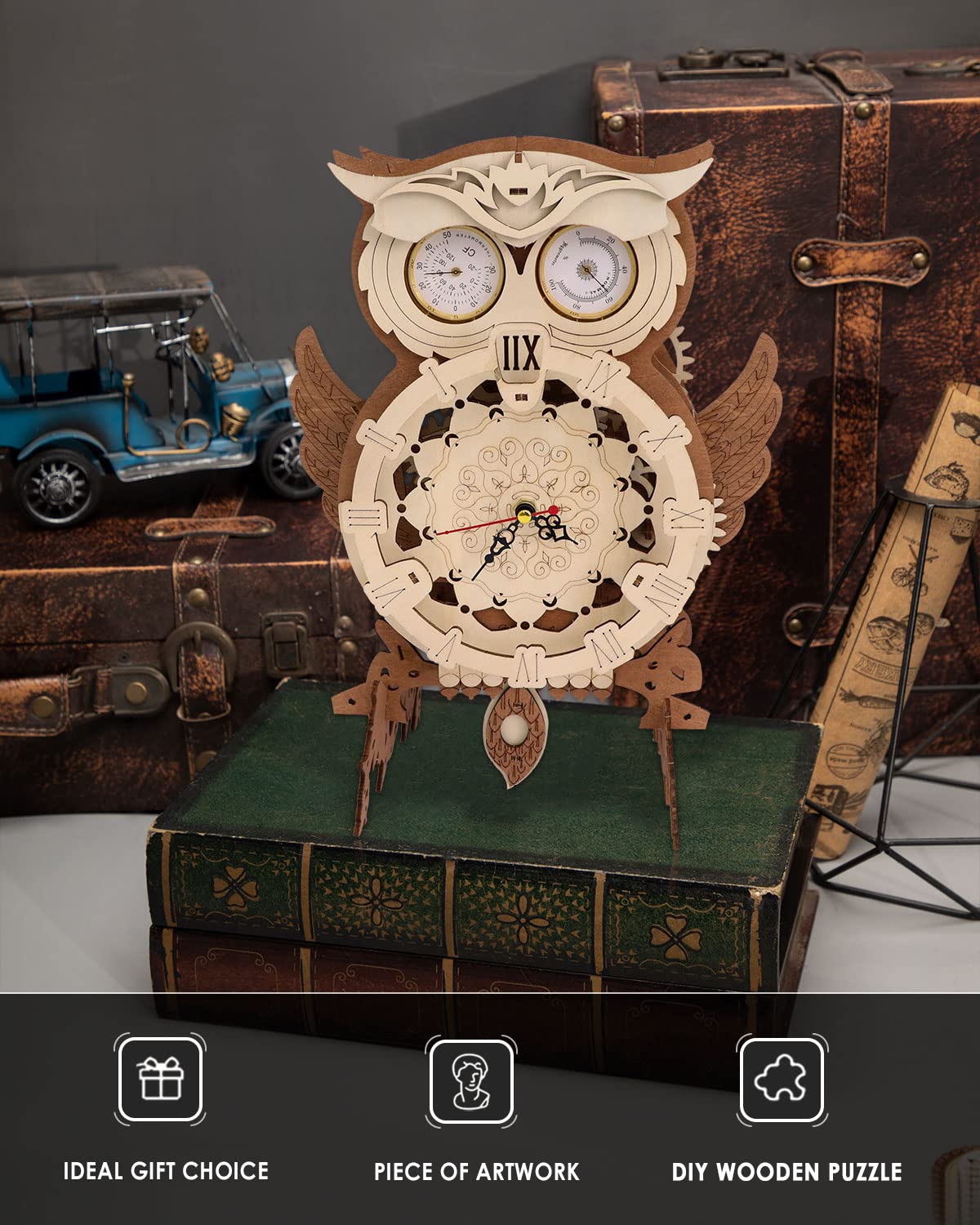 3D Owl Clock Wooden Puzzle, DIY Mechanical Model Building Kits Toys, Birthday Gift for Adults and Children Age 14+