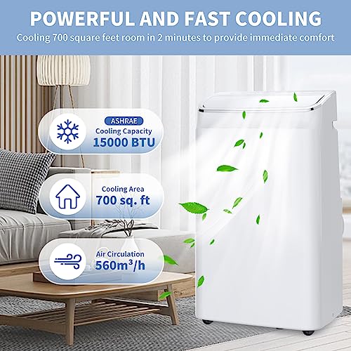 DENBIG Portable Air Conditioner, 15,000 BTU Portable AC Unit with Built-in Dehumidifier and Multi-speed Fan for Room up to 500-700 Sq. Ft, Remote Control, 24-Hour Timer, and Installation Kit, White