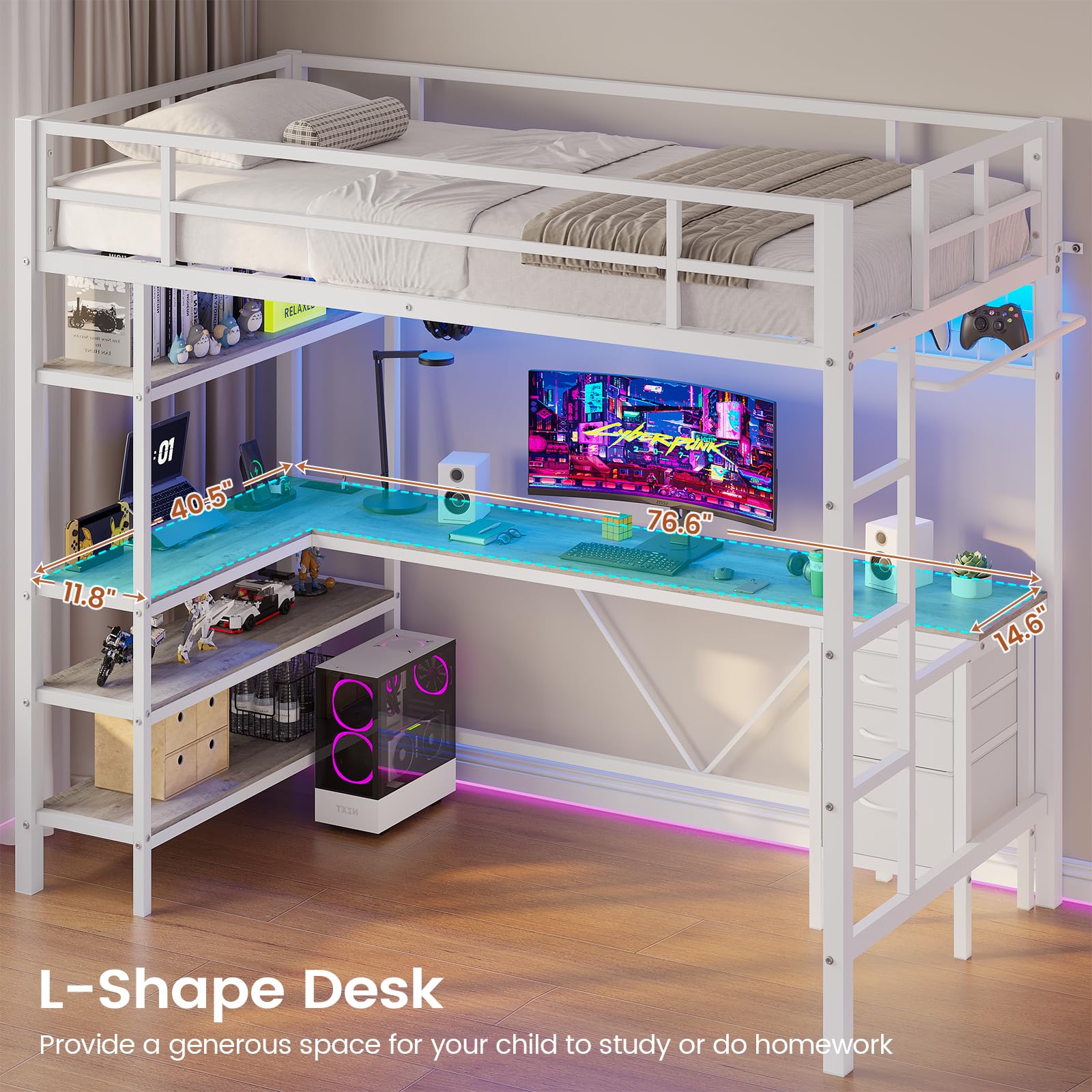 AOGLLATI Loft Bed Twin Size with L-Shaped Desk, Charging Station, LED Lights, Twin Metal Loft Bed Frame with 4 Storage Shelves,3 Fabric Drawers and Clothing Rail,No Box Spring Needed, White