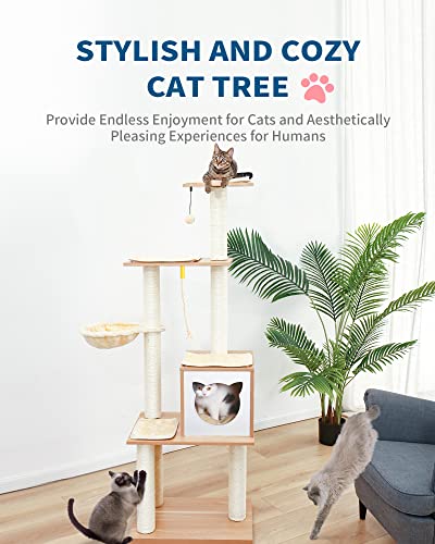 Made4Pets Cat Tree Cat Tower for Indoor Cats 65.6 Inches Modern Wood Cat Condo with Scratching Post for Large Cats Climbing, Multi-Level Tall Cat Tower Tree House with Hammock for Kitten Play and Rest