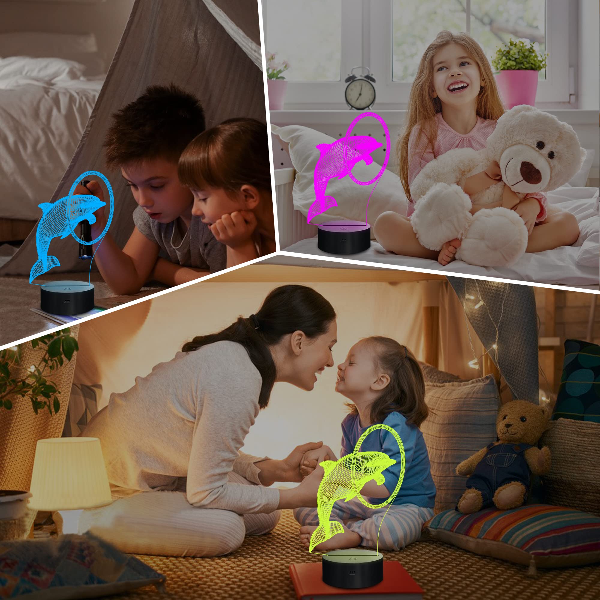 Lampeez Ocean Sea Animals 3D Lamp Kits,Dolphin, Marlin,Shark,Whale 3D Night Light for Kids (4 Patterns) with Remote Control & 16 Colors Changing & Dimmable Function & Xmas Birthday Gifts for Boy Girl