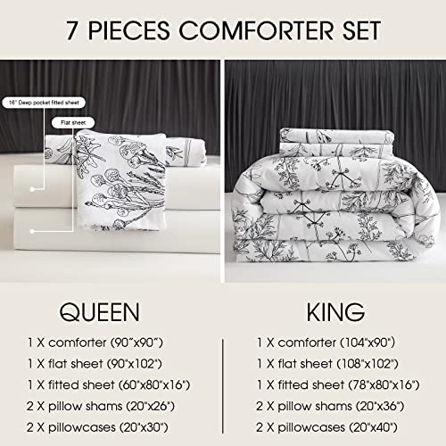 HYPREST Queen Bed in A Bag Comforter Set with Sheets, 7 Pieces White Floral Comforter Set Queen Soft Lightweight Breathable, Rustic Farmhouse Bedding Sets Queen All Season