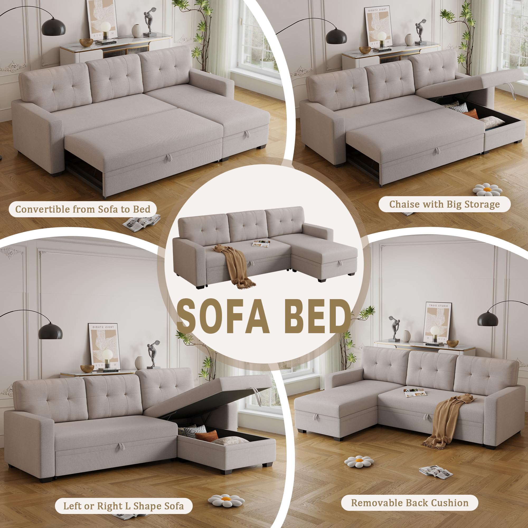 Acosure 82" Upholstered Pull Out Sofa Bed with Storage Chaise,Linen Reversible Couch W/Tufted Backrest,3 Seater Sectional Sleeper for Living Room Apartment Office,Beige
