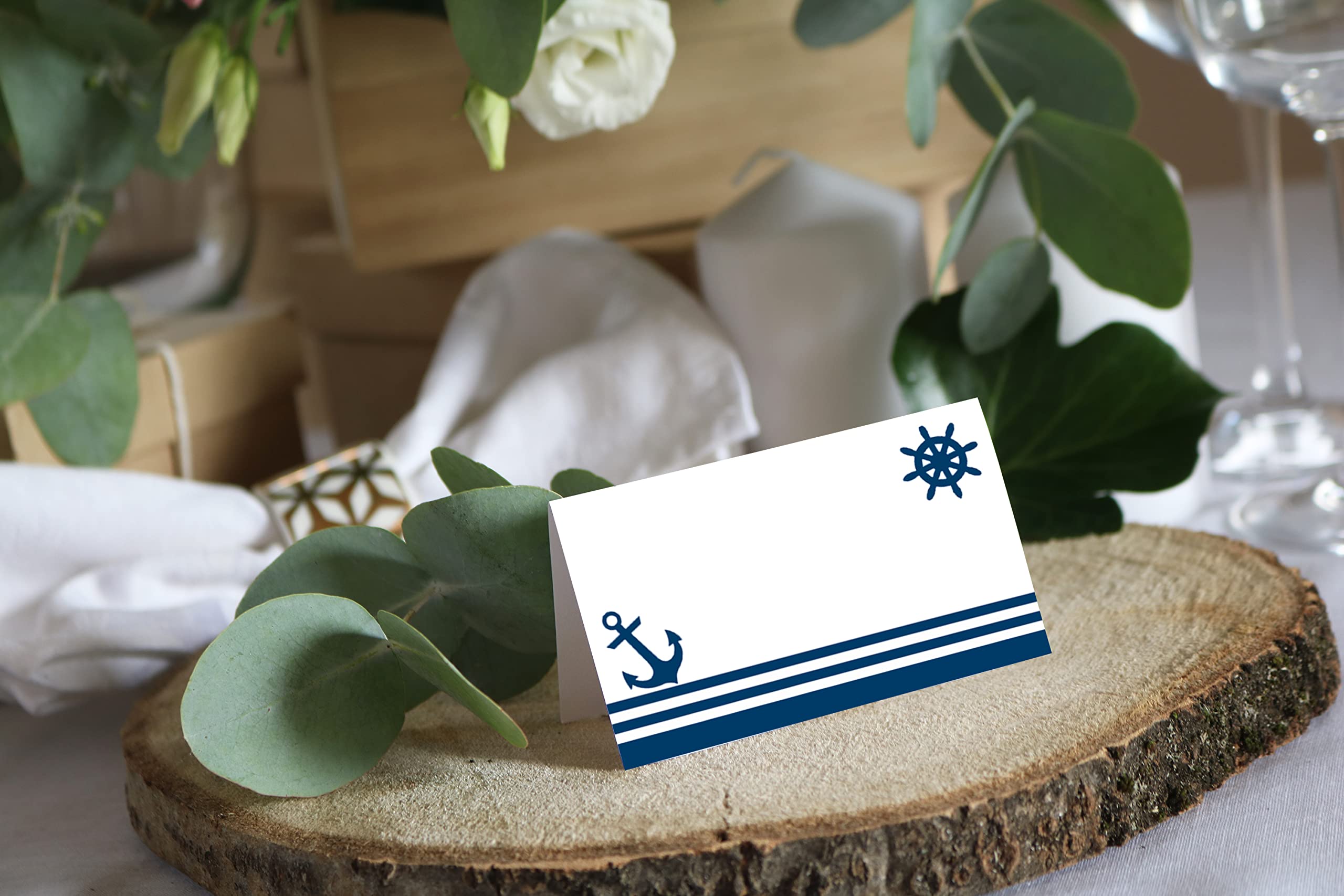 Nautical Place Cards - 25 Pack - Nautical Food Cards. Blue Anchor and Captain’s Wheel over Stripes Design, for Dinner Parties, Banquets, Cocktail Parties, Buffet. 2” x 3.5”. Scored for Folding.