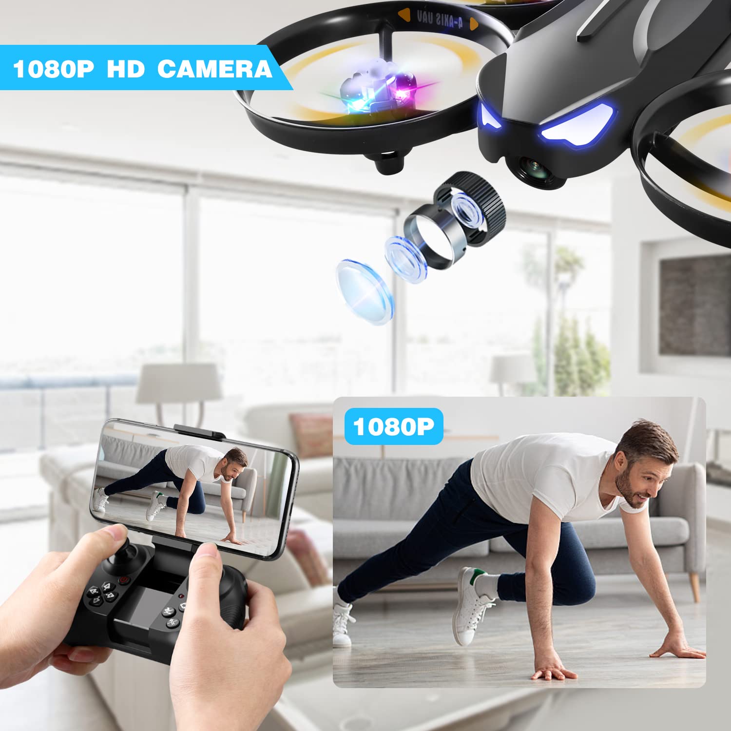 4DRC V16 Drone with Camera for Kids,1080P FPV Camera Mini Quadcopter Beginners Toy with 7 Colors LED Lights,3D Flips,Gesture Selfie,Headless Mode,Altitude Hold,Boys Girls Birthday Gifts,