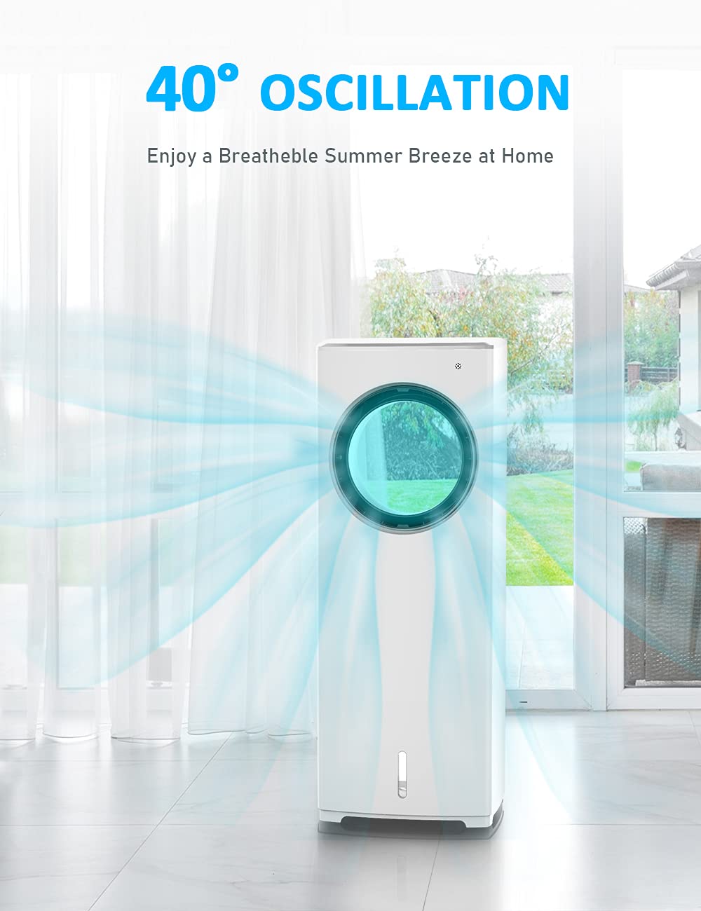 BREEZEWELL 3-IN-1 Windowless Portable Air Conditioner, 32-INCH Evaporative Cooler for Home, 3 Wind Speed & 4 Modes,Washable Water Tank, 8H Timer,20ft Remote Bladeless Evaporative Air Cooler for Room