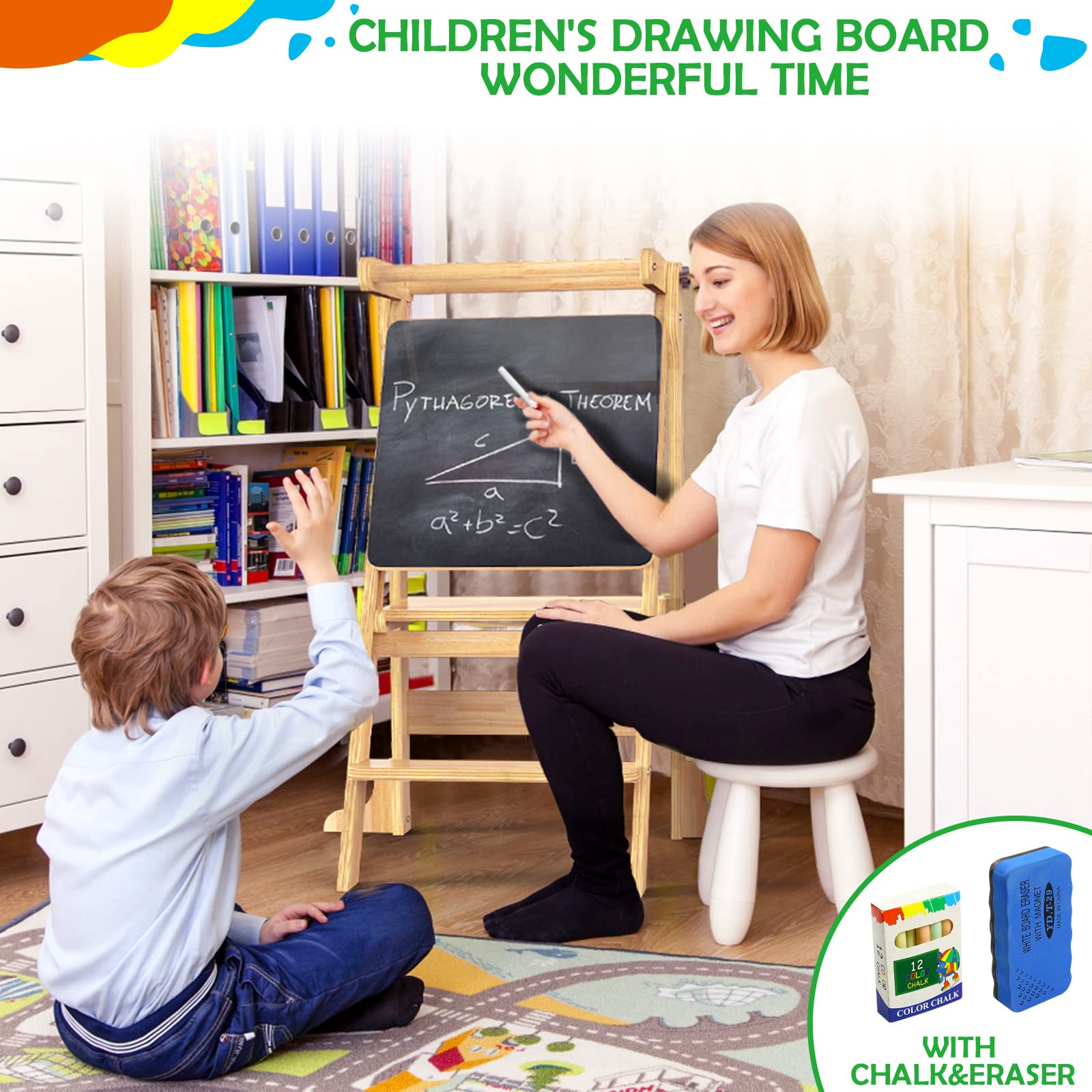 Toddler Tower Foldable - Kids Kitchen Step Stool with 3 Adjustable Heights & Safety Rail, Montessori Tower with Chalkboard for Learning, Standing Tower Helper Stool for Kitchen Counter Sink (Natural)