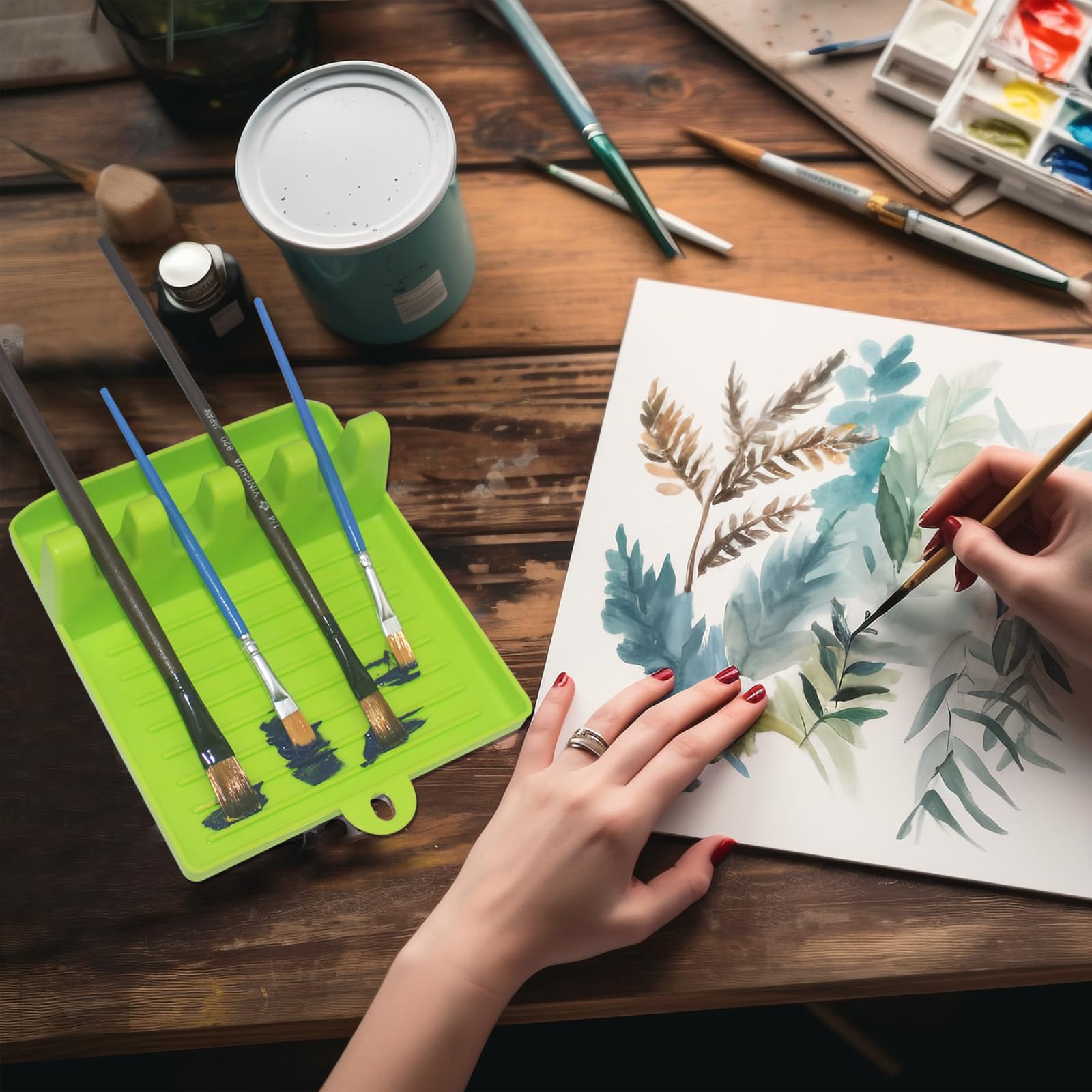 Chistepper 2 Packs Paint Brush Holder Paint Brush Stand Rest with 5 Slots Watercolor Oil Acrylic Painting (Green)