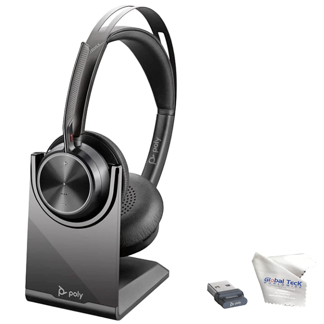 Plantronics Poly Voyager Focus 2 UC, Bluetooth Stereo Headset with Charge Stand, USB-A for Teams, Connects to Deskphone, PC/Mac, Smartphone - Global Teck Bundle w/Microfiber Cloth