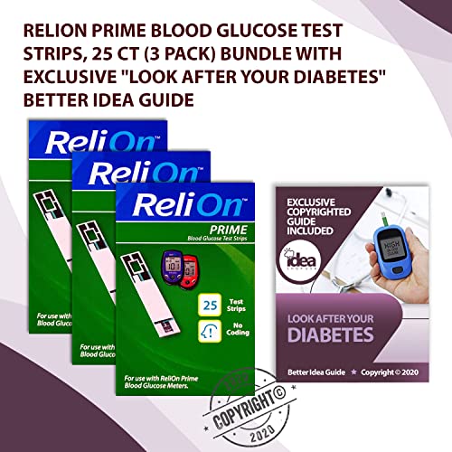 ReliOn Prime Blood Glucose Test Strips, 25 Ct (3 Pack) Bundle with Exclusive Look After Your Diabetes - Better Idea Guide (4 Items)