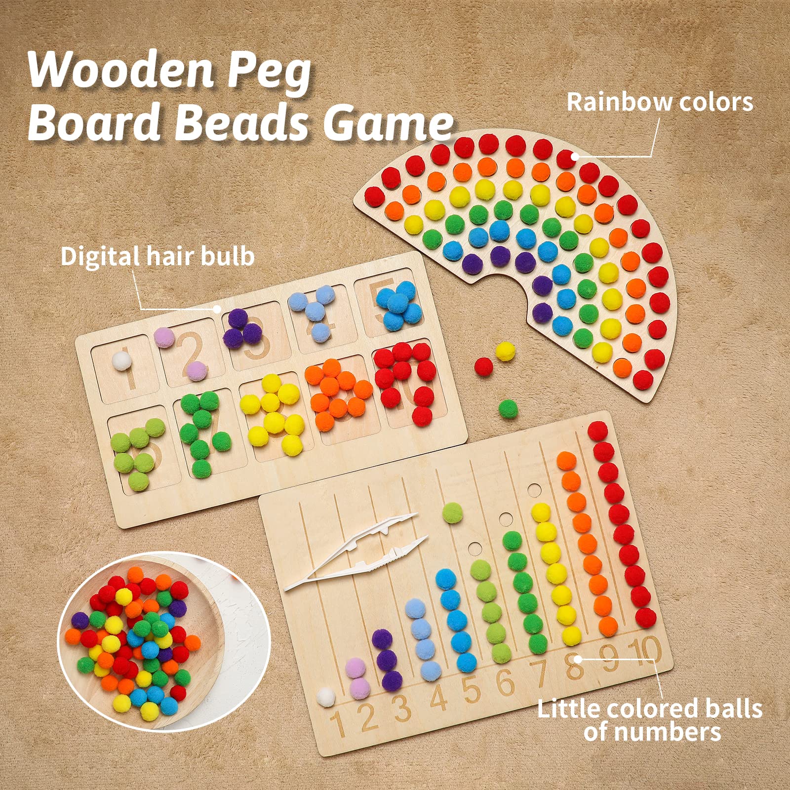 bopoobo Wooden Peg Board Beads Game Rainbow Clip Bead Puzzle of Pompon Clip Beads Early Education Puzzle Board Game Toddler Educational Montessori Games for Math Learning (Digital Board)