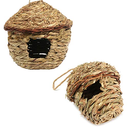 POPETPOP Hanging Bird House Handwoven Grass Bird Hut - Bird Nest for Parakeets Parrots Canary and Other Small Pets - Bird Cage Accessories - Size M