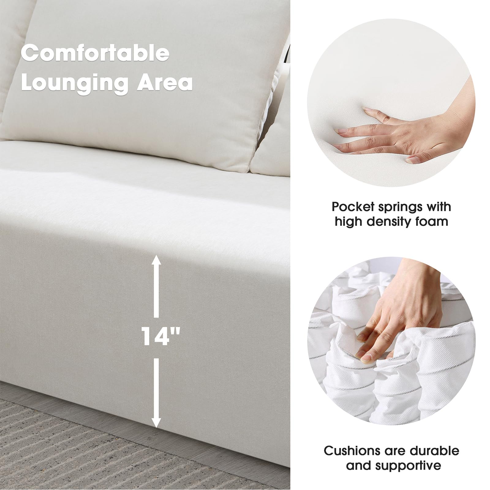 Suheww L Shaped Sectional Sofa Couch, Modern Chenille Cloud Comfy Floor Sofas with Chaise & Pillows for Living Room Office Apartment, No Assembly Required, 109”W, White